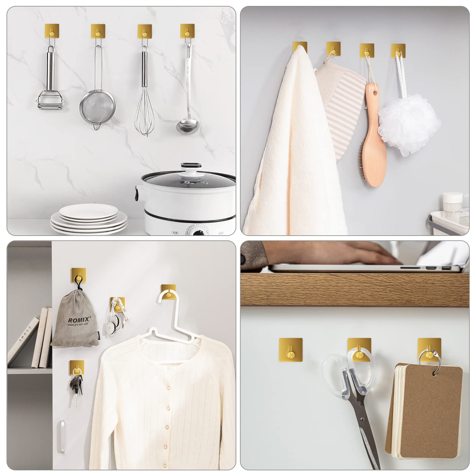 Set 4 carlige adezive, Roffie, Otel inoxidabil, Auriu - eMAG.ro