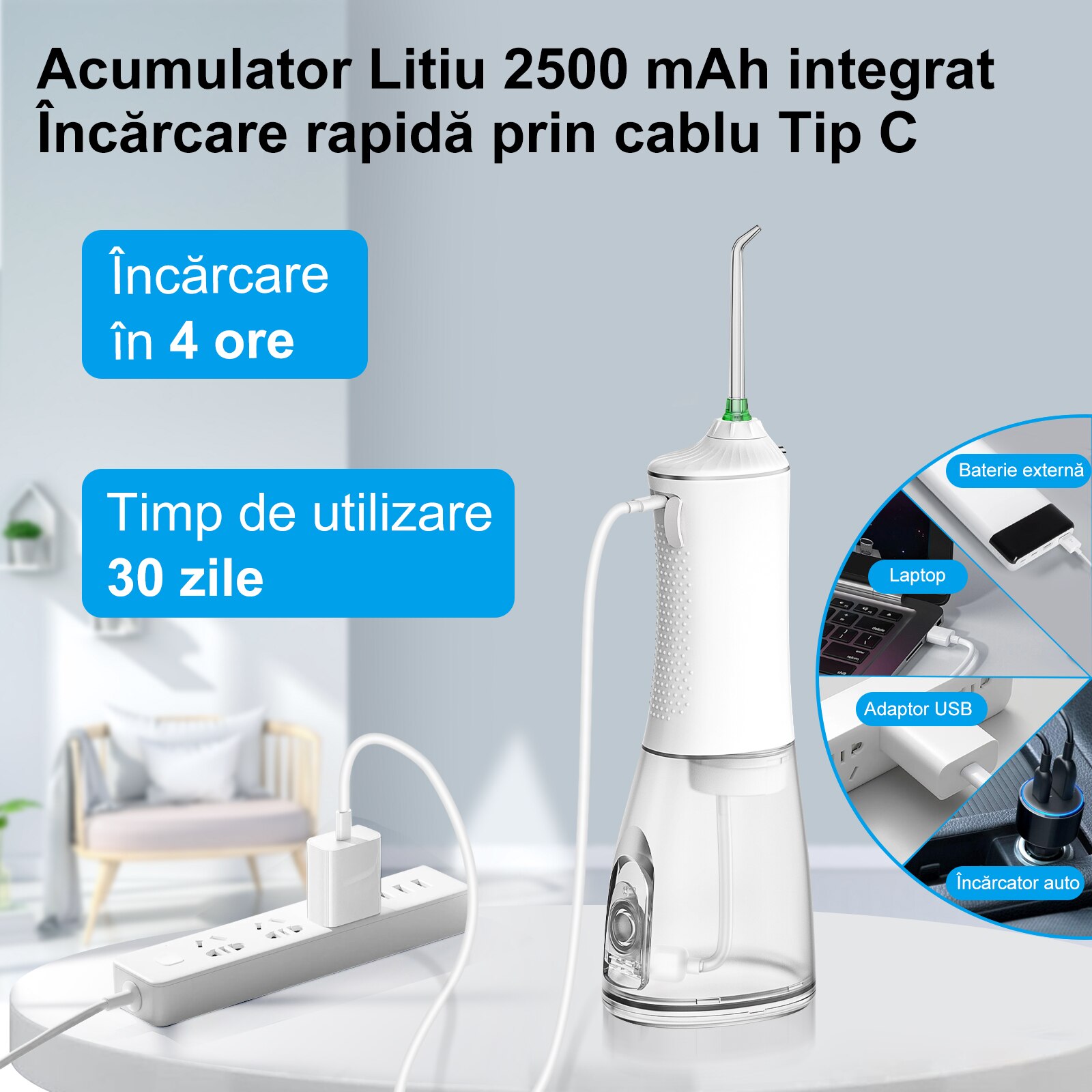 Irigator Oral Profesional pentru Dus Bucal, Dunepath®, Cablu USB-C ...