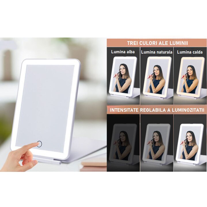 Oglinda cosmetica cu LED, Portabila, 3 moduri de luminare, intensitate ...