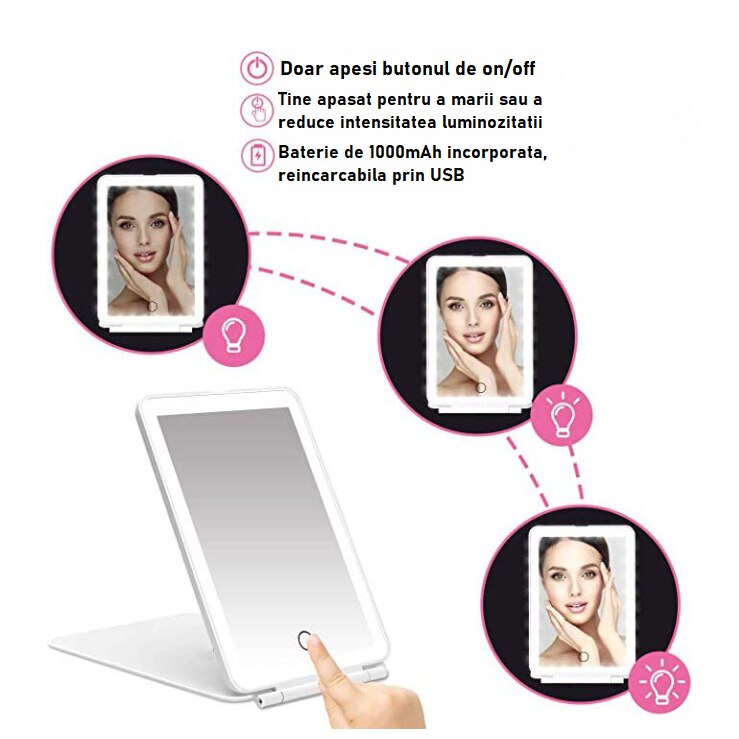 Oglinda cosmetica cu LED, Portabila, 3 moduri de luminare, intensitate ...