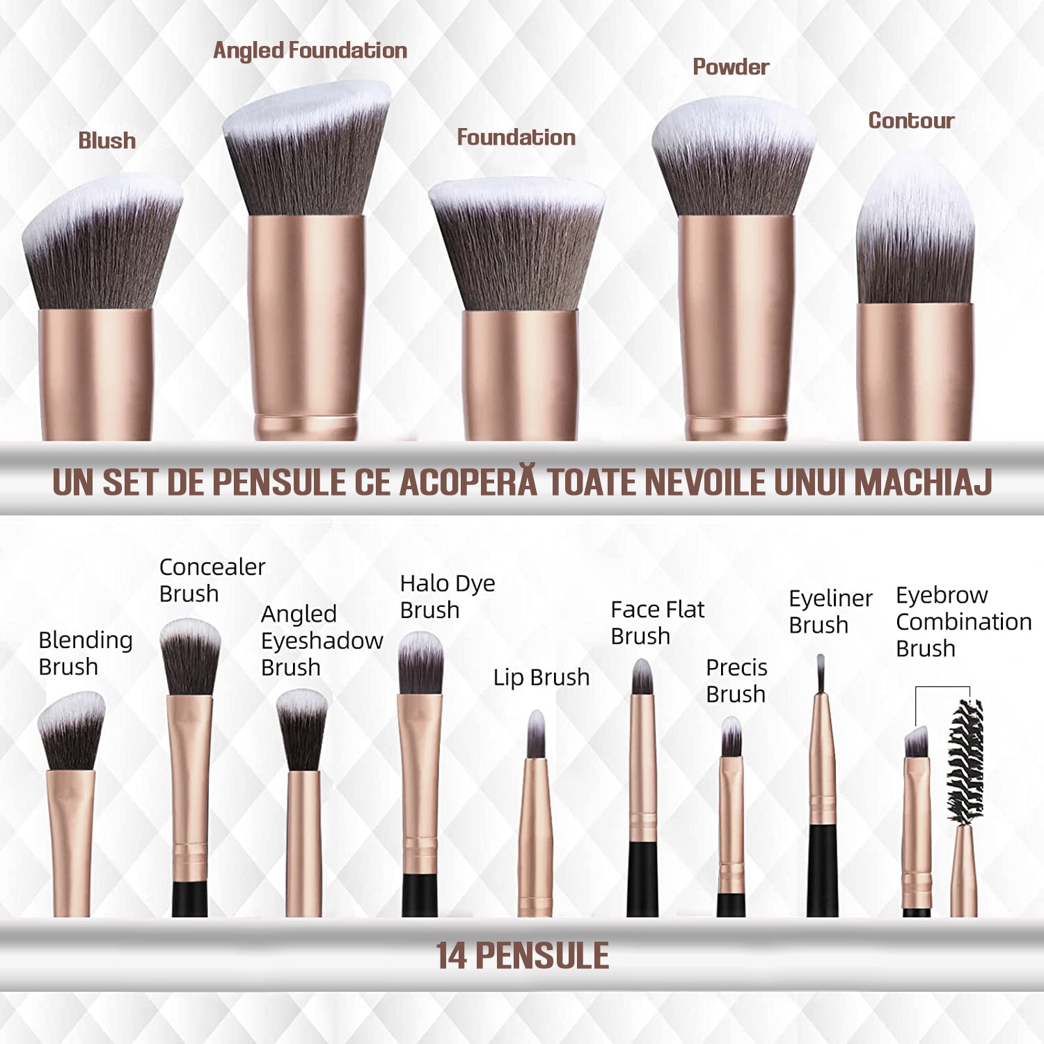Set 14 pensule machiaj FiGGA®, Profesionale, manere din lemn si ...