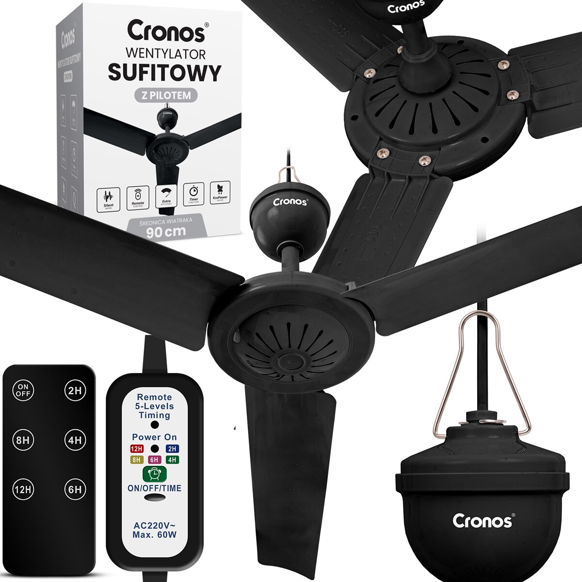 Ventilator de tavan, Cronos, FC11-90, Telecomanda, 90cm, Negru - eMAG.ro