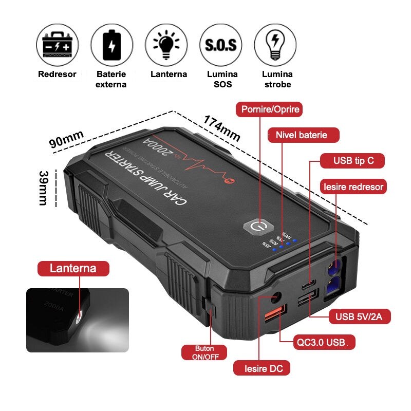 Jump starter portabil multifunctional pentru pornirea bateriei auto ...