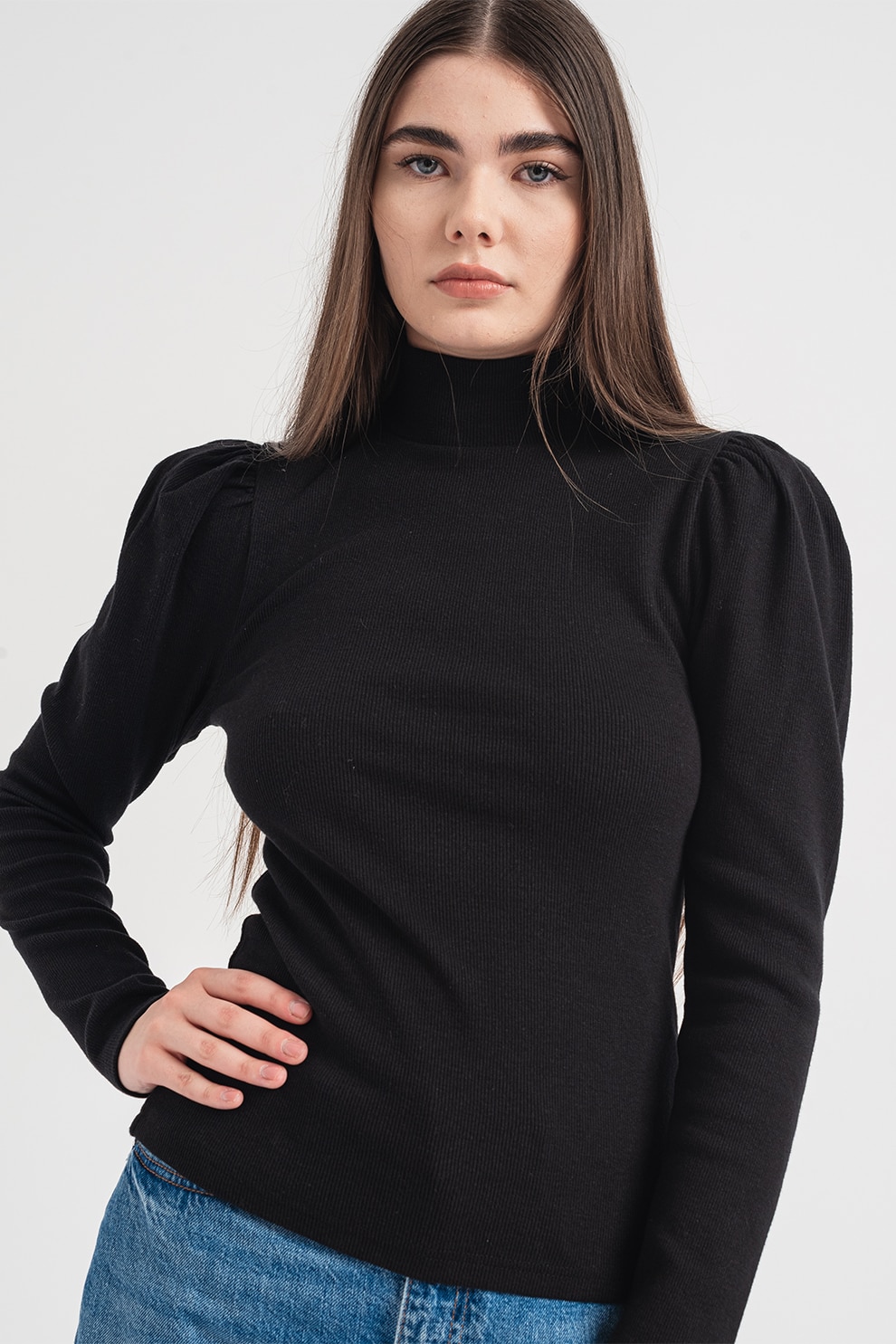 GAP, Рипсена блуза с бухнали ръкави, Черен, L - eMAG.bg