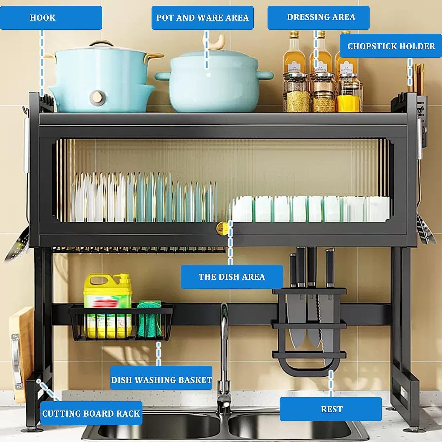 Scurgator vase deasupra chiuvetei cu usa, awwaline, negru, 2 niveluri ...