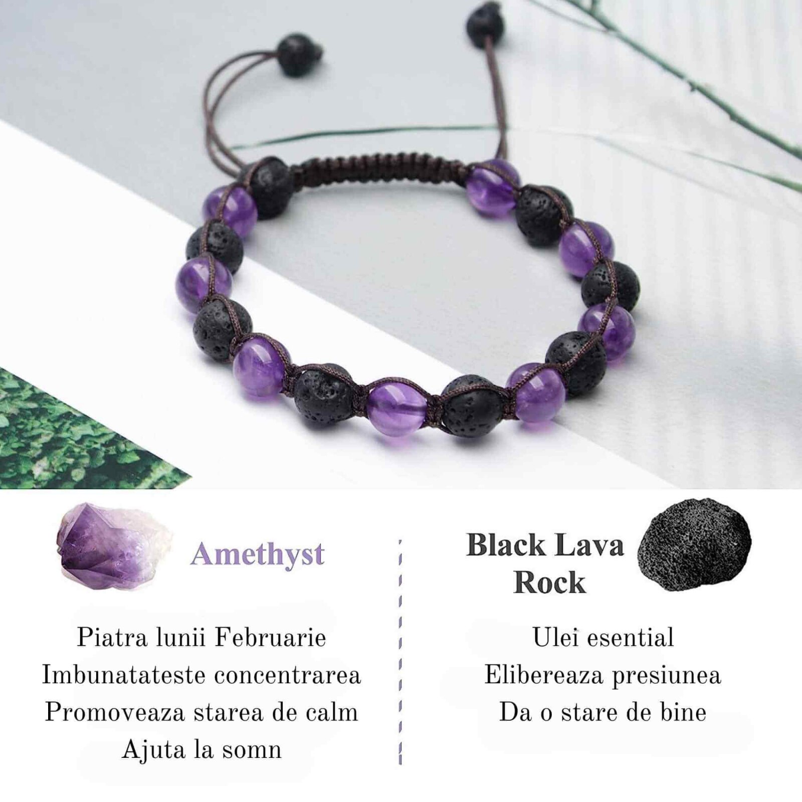 Bratara lucrata manual cu cristale 8mm naturale de ametist si roca ...