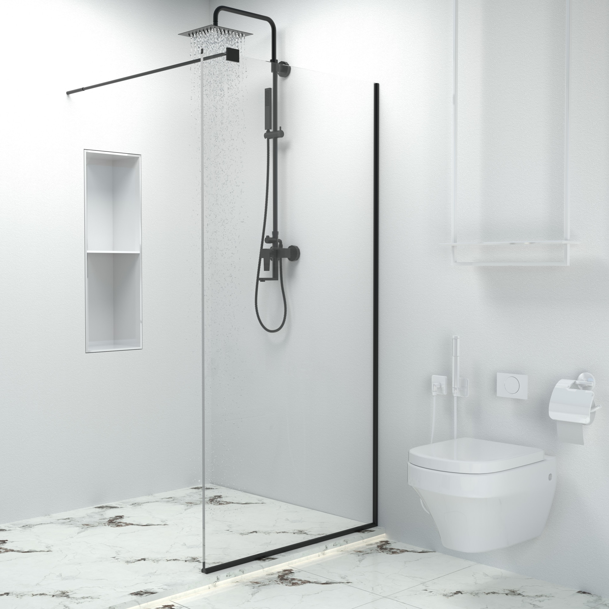 Paravan dus tip walk-in, Sticla Securizata Clara de 8mm, Accesorii ...