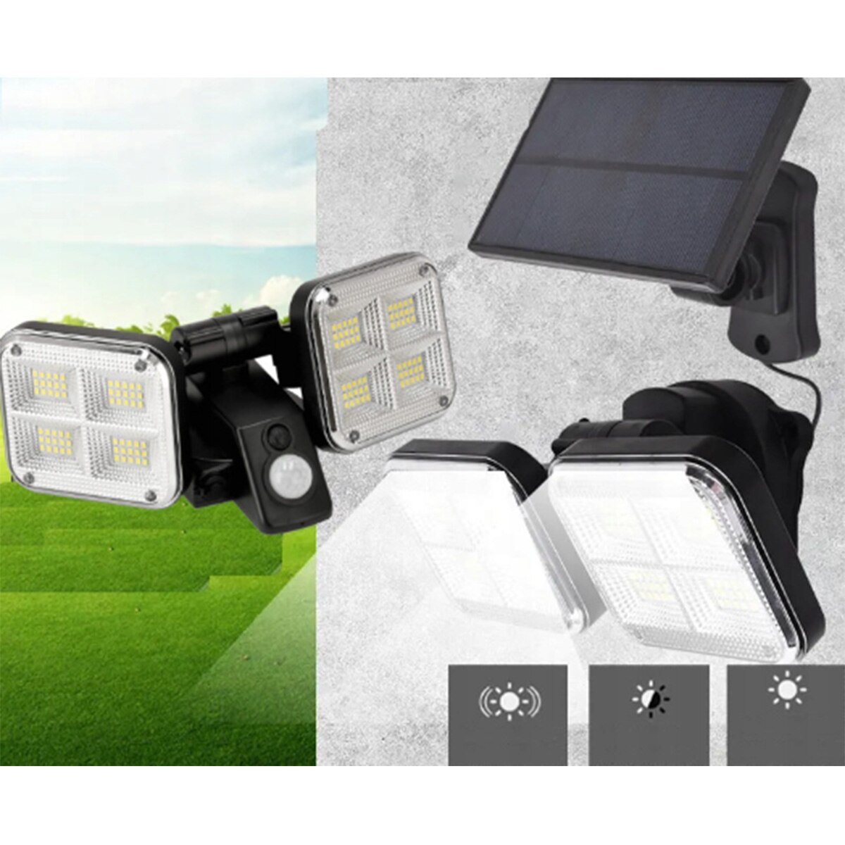 Proiector LED solar modular cu 2 lampi, senzor de miscare, 16 W, 6000K ...