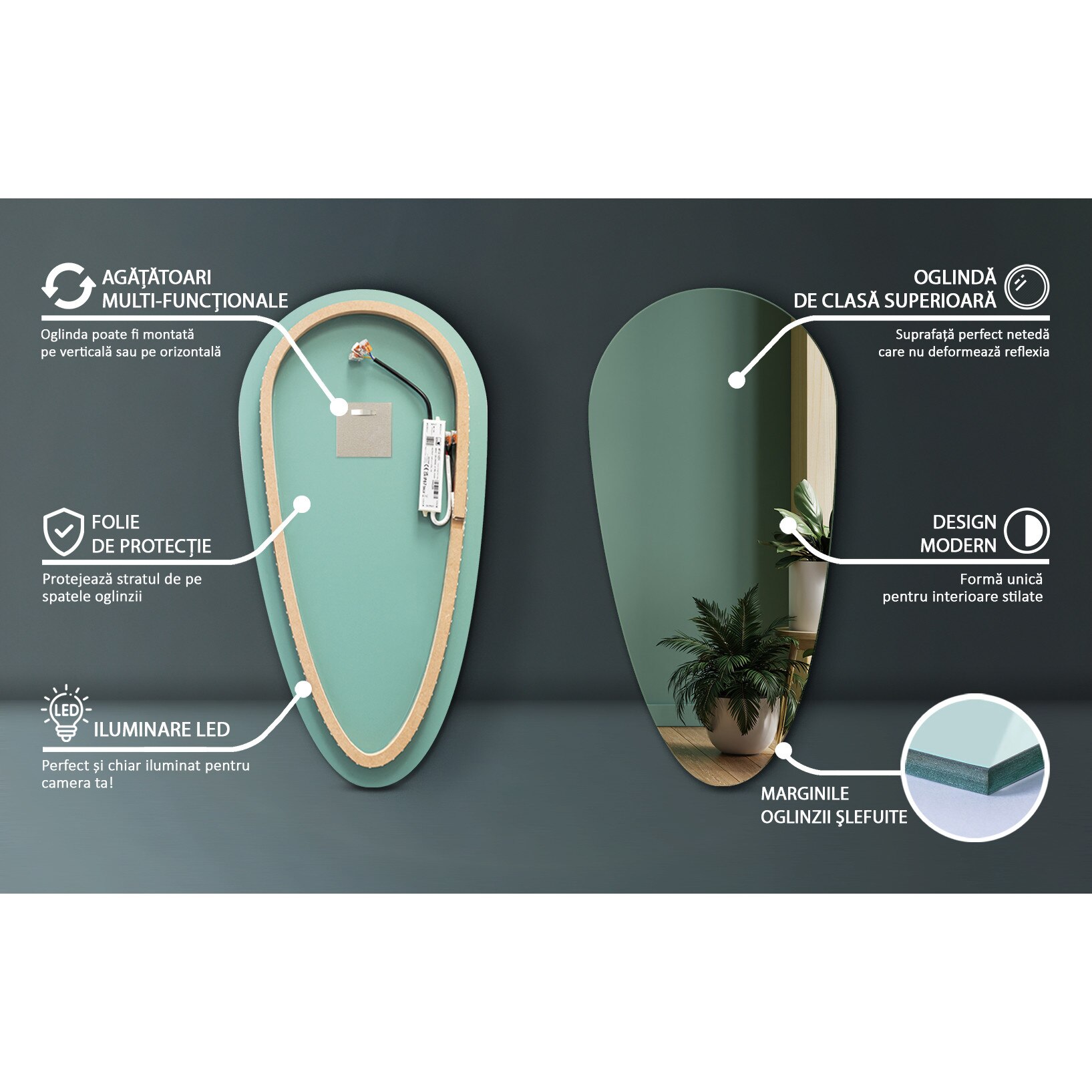 Огледало, Coloray, без рамка, овално, стъкло, 40 см x 80 см ...