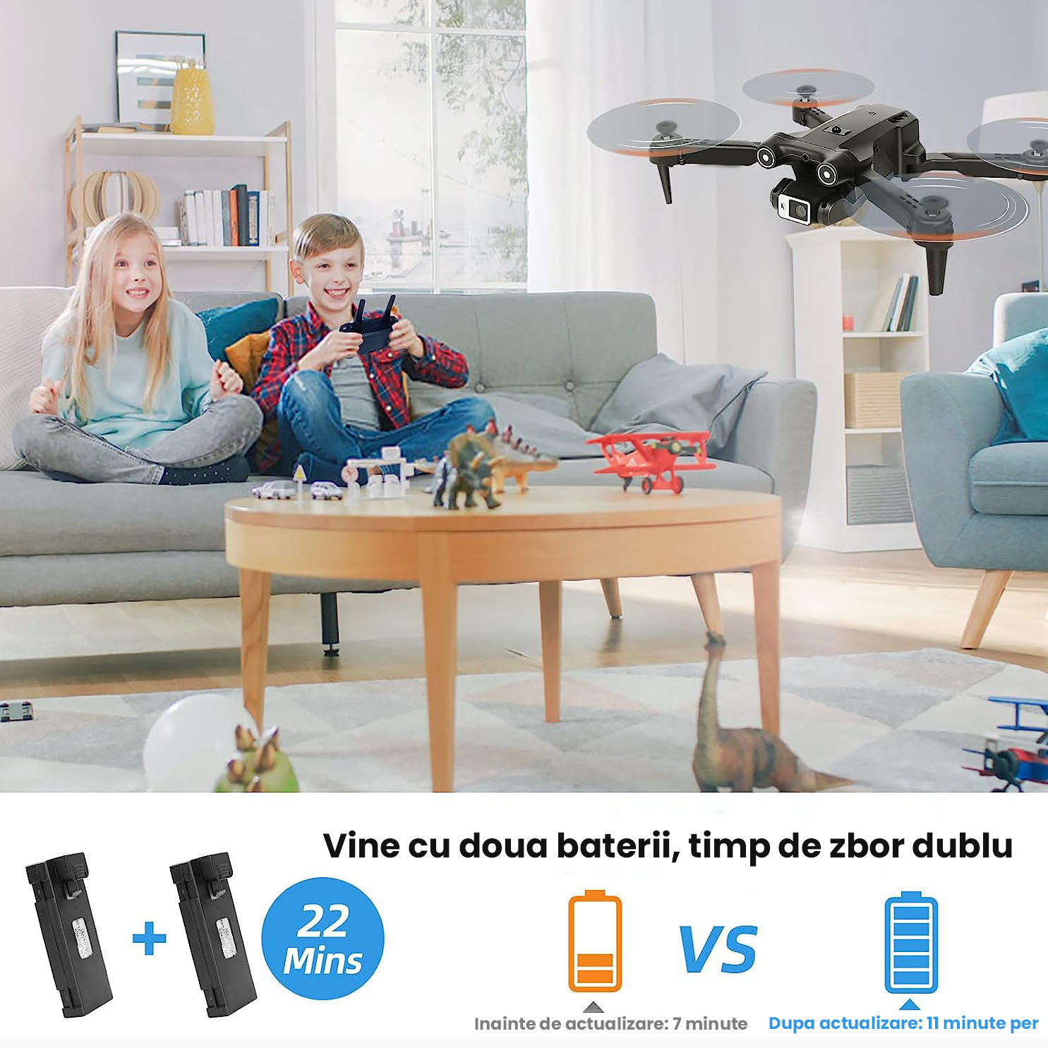 Drona pentru copii, Sundiguer, Camera Duala 4K HD, 2 x Baterie, Negru ...