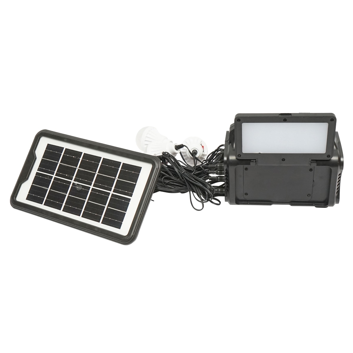 Kit iluminat portabil LED cu 4 becuri/proiector, panou solar radio FM ...