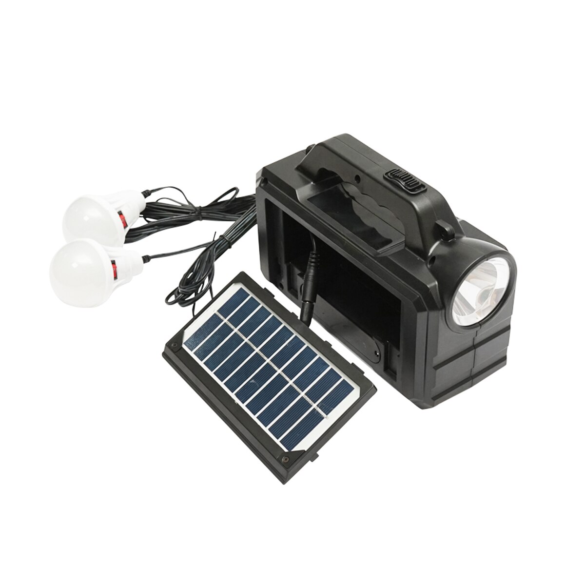 Kit iluminat portabil LED cu 2 becuri/proiector, panou solar si baterie ...