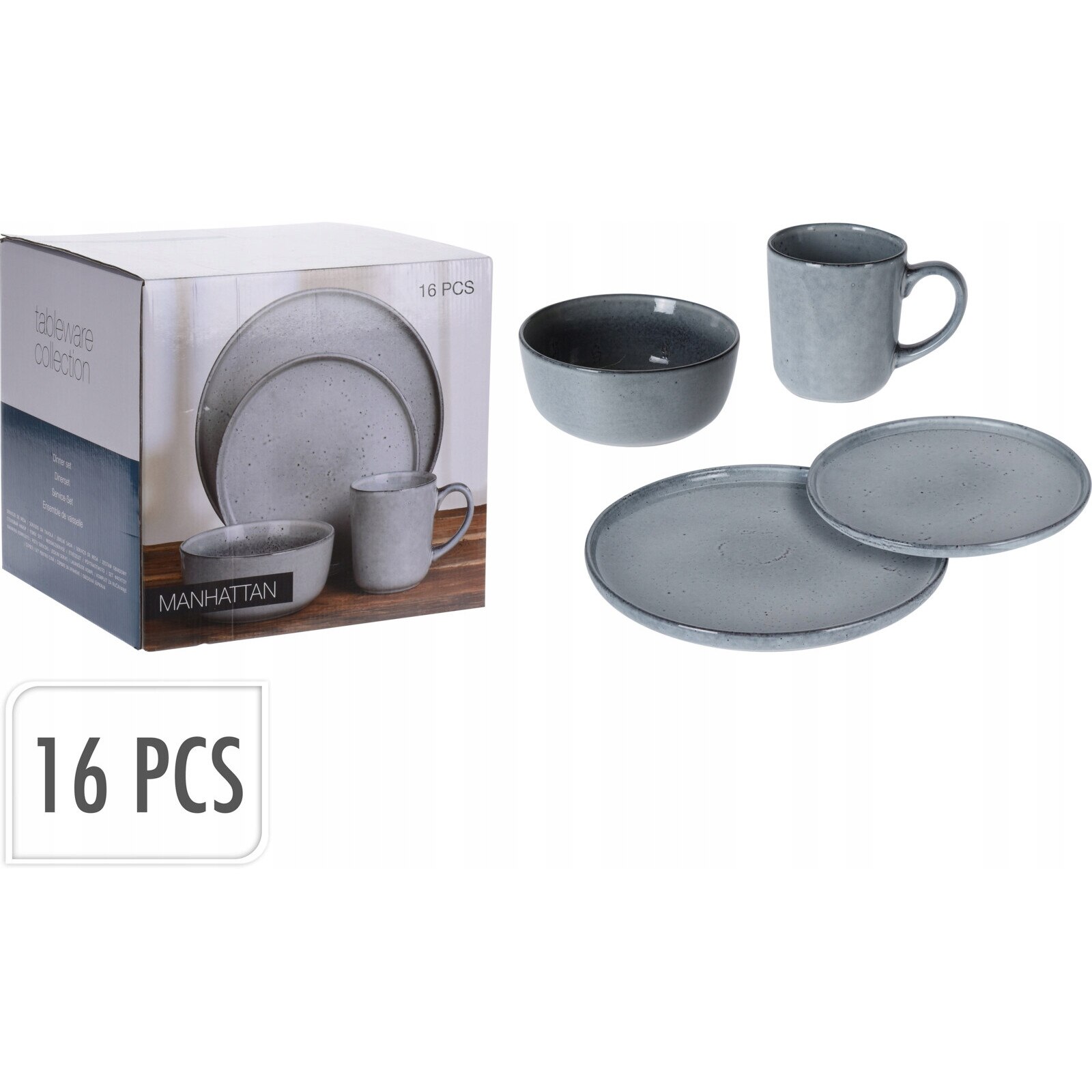Set vesela pentru 4 persoane, Koopman, Ceramica, 16 elemente, Albastru ...
