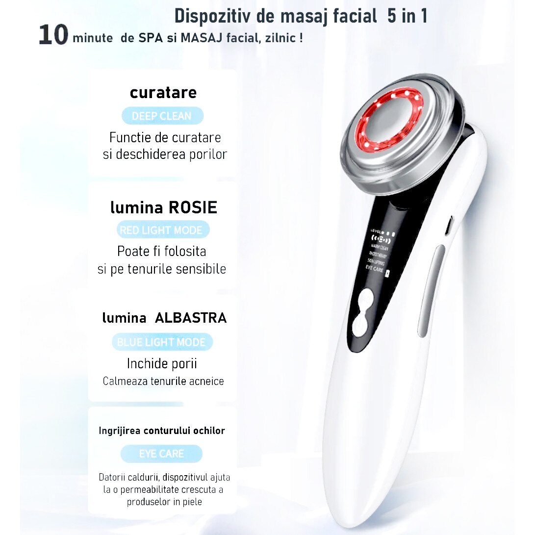 Aparat facial 5 in 1, curatare, masaj, fototerapie pentru fata si gat ...