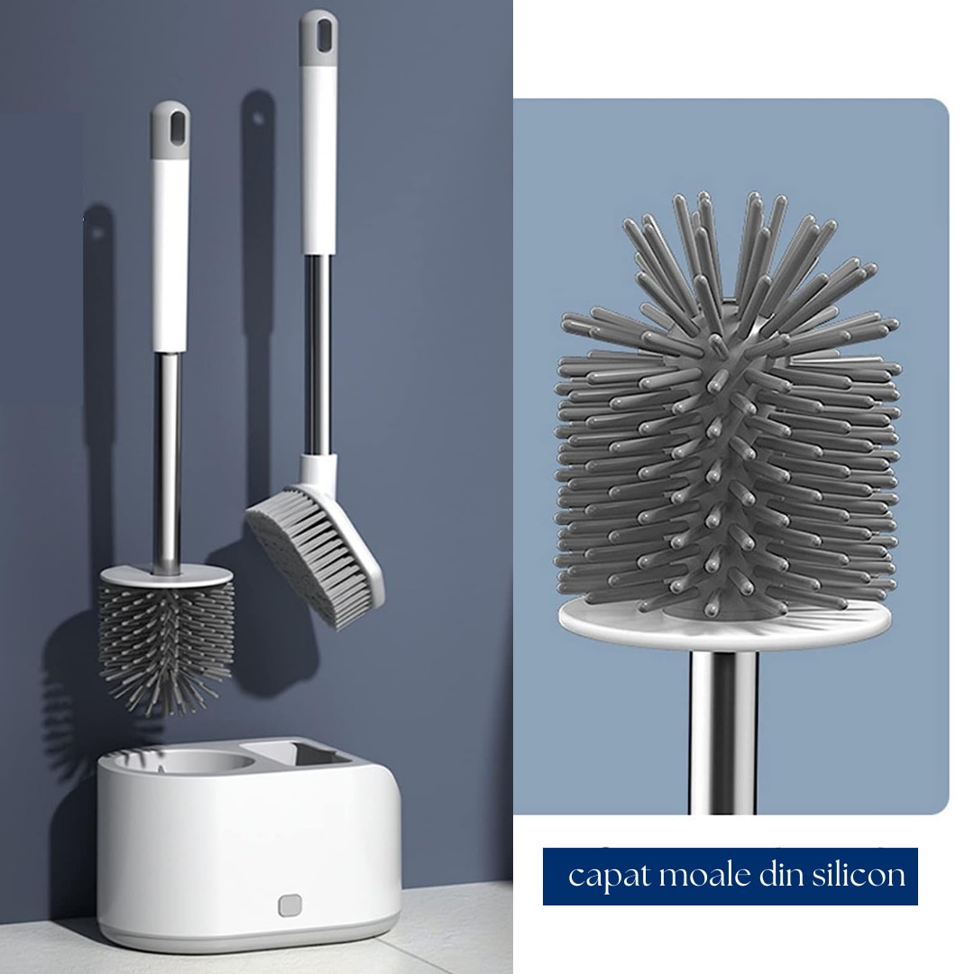 Set 2 Perie WC din Silicon Durabile si Usor de Curatat, cu Suport ...