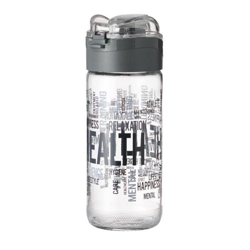 Recipient apa din sticla transparenta, cu mesaje despre sport, sanatate ...
