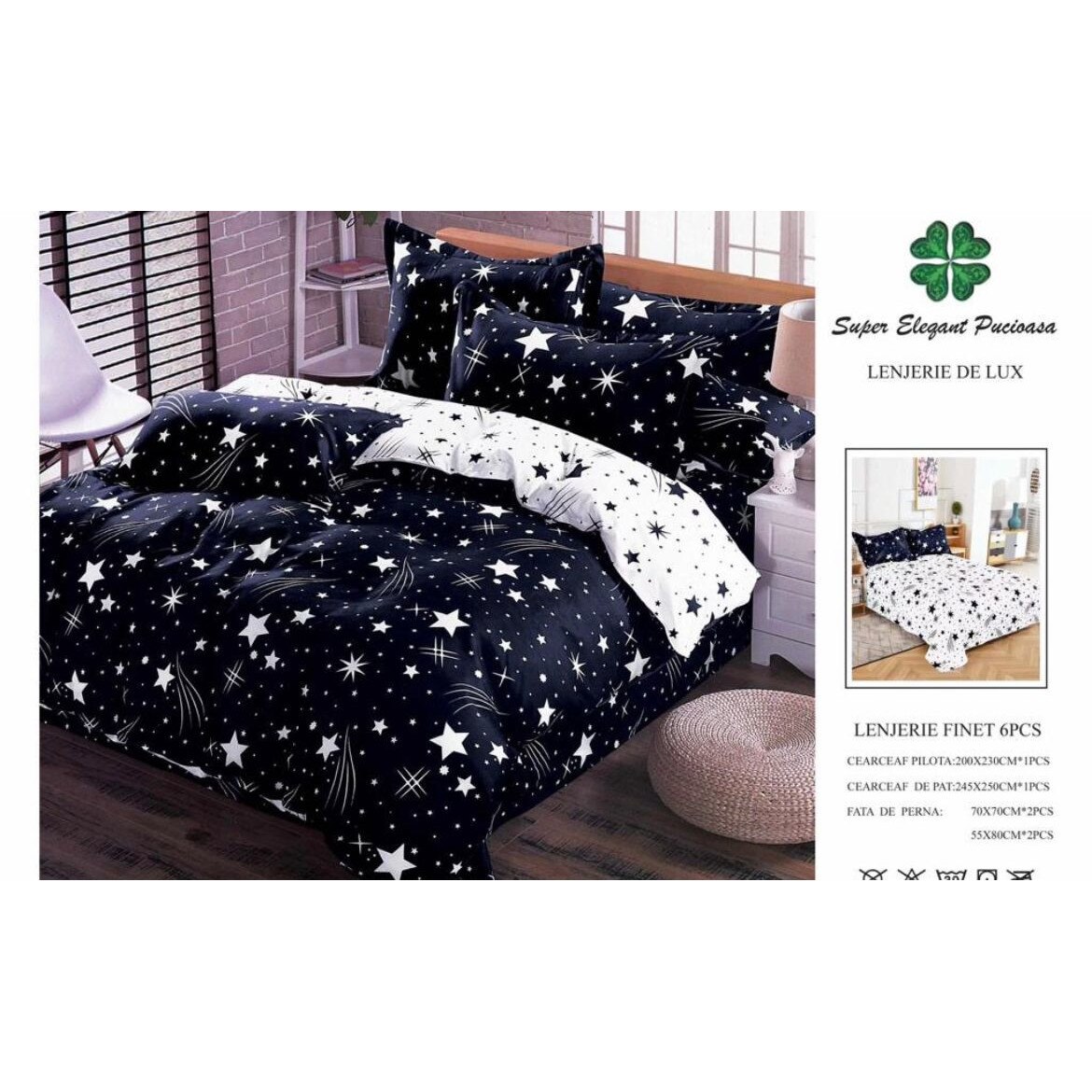 Set Lenjerie de pat dublu, 2 persoane, Pucioasa, Bumbac, Finet, 6 Piese ...