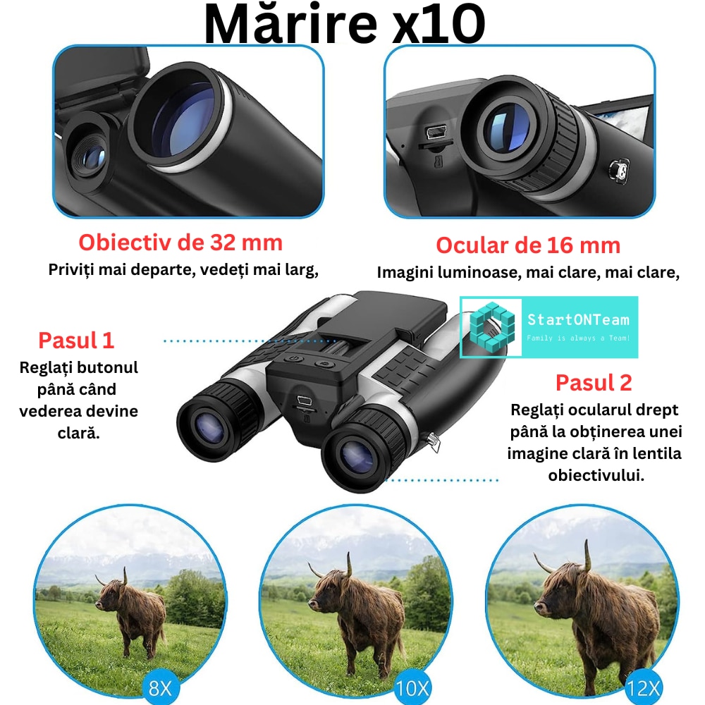 Binoclu cu Camera StartONTeam 10X, Ecran LCD 2", Camera video 2,5K 8X ...