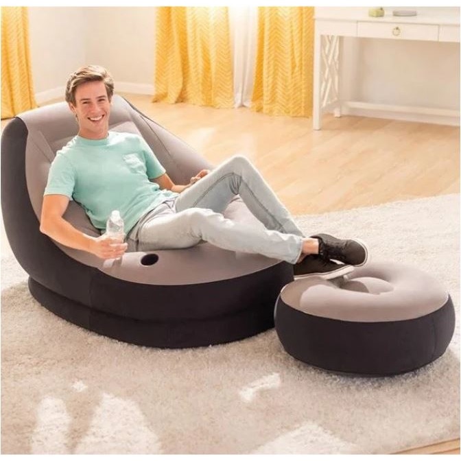 Set fotoliu gonflabil cu taburet pentru picioare, gri/negru - eMAG.ro