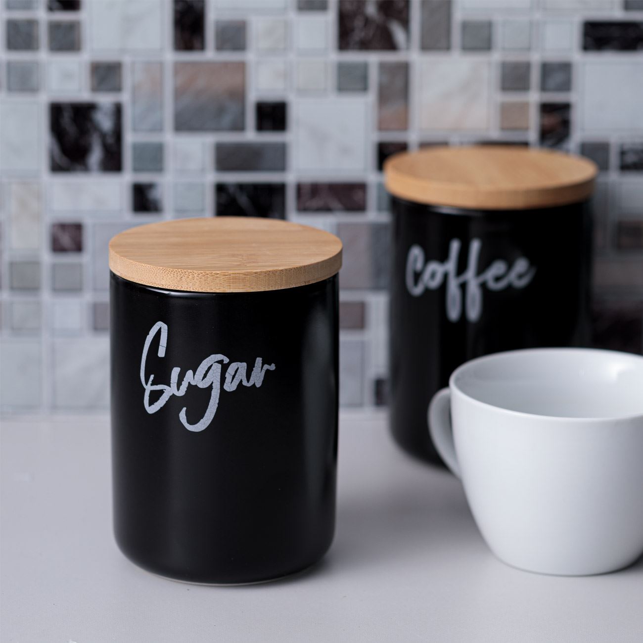 Recipient ceramic, cu capac bambus si text "Sugar", negru, 800ml - eMAG.ro