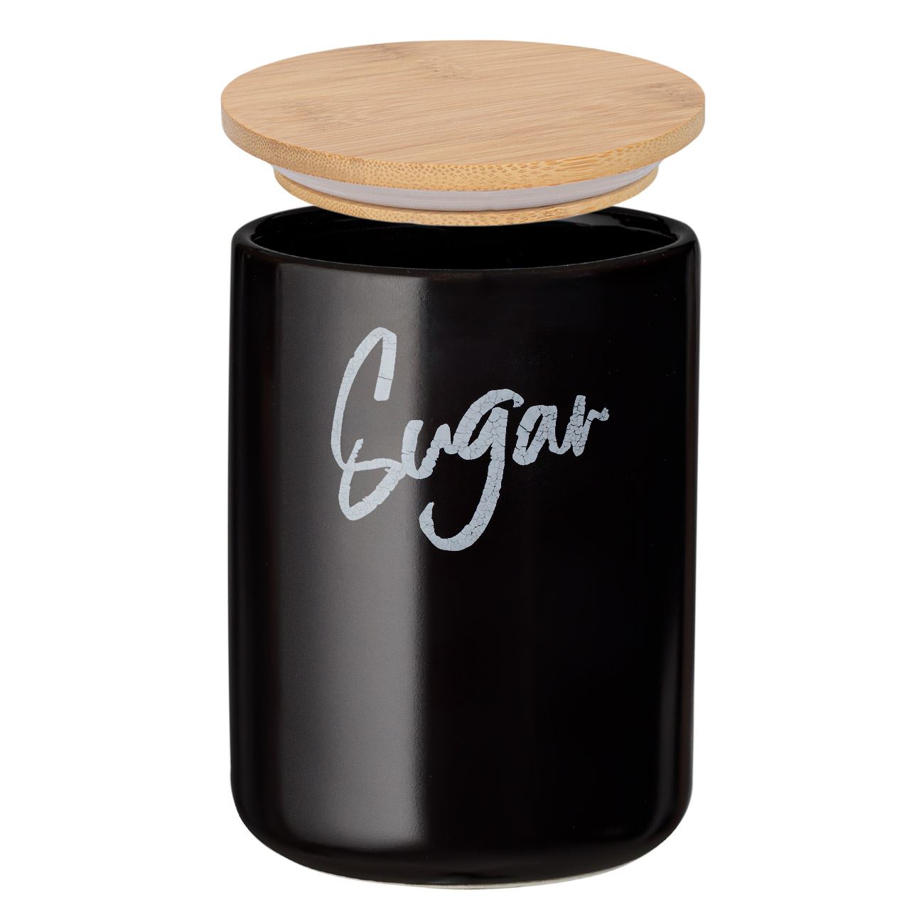 Recipient ceramic, cu capac bambus si text "Sugar", negru, 800ml - eMAG.ro