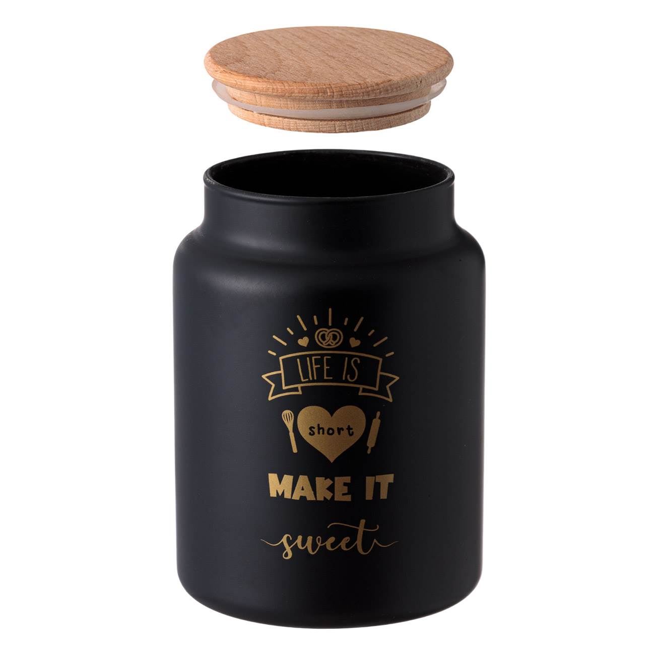 Recipient din sticla cu capac lemn, cu mesaj auriu, negru mat, 890ml ...