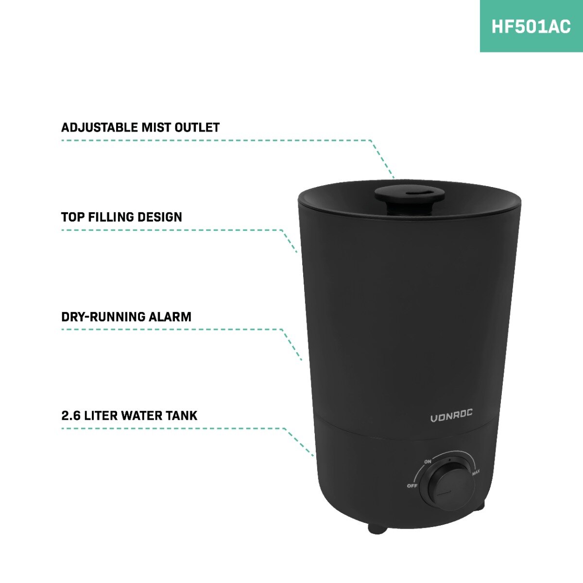 Umidificator VONROC, HF501AC, 2.6 litri, negru, cu ultrasunete - eMAG.ro