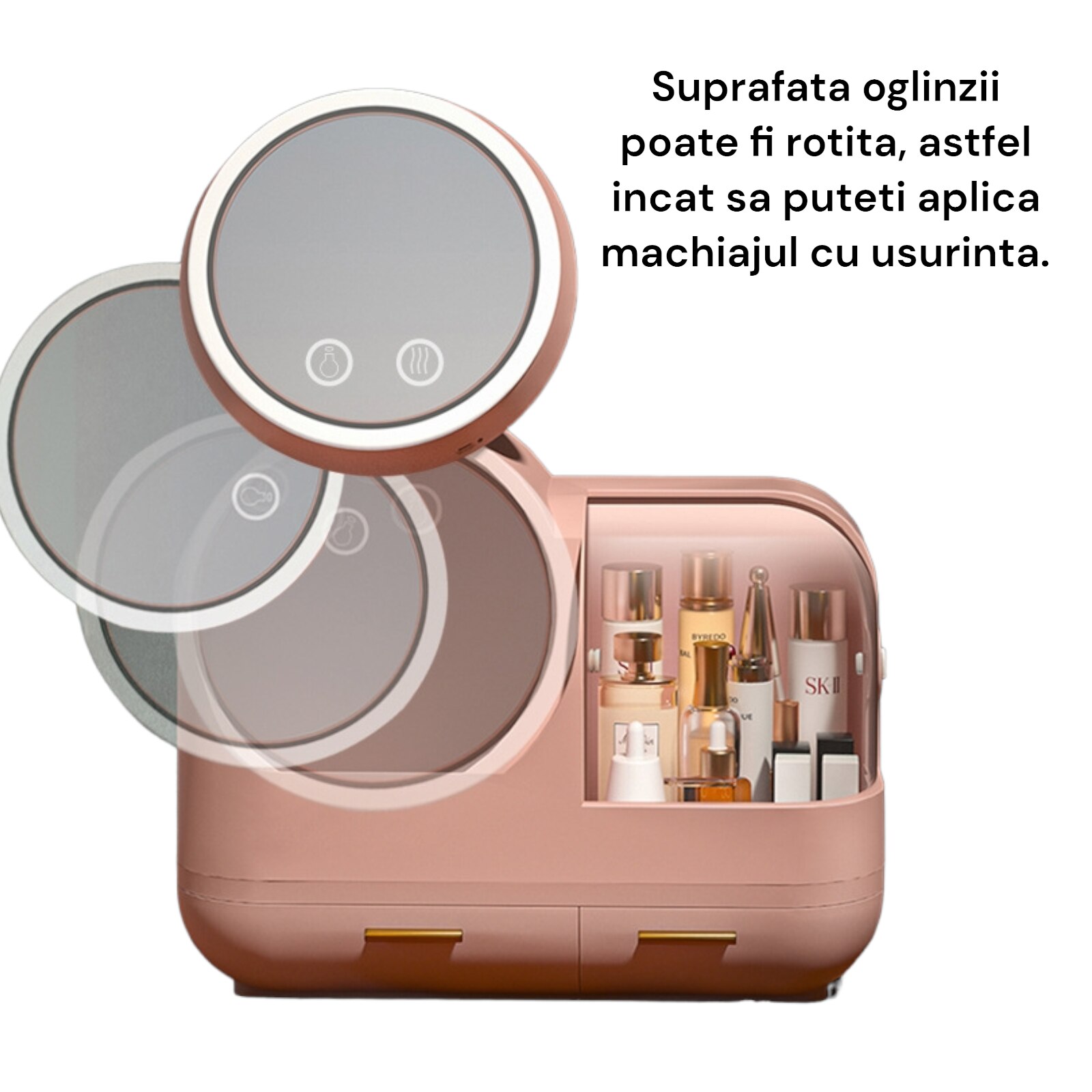 Organizator de Machiaj Roz Pudrat cu Lumina Reglabila si Oglinda ...