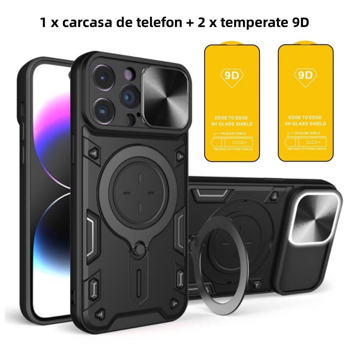 Set husa telefon/2protecii ecran, XYXBEBAO, Inel rotativ 360 grade ...