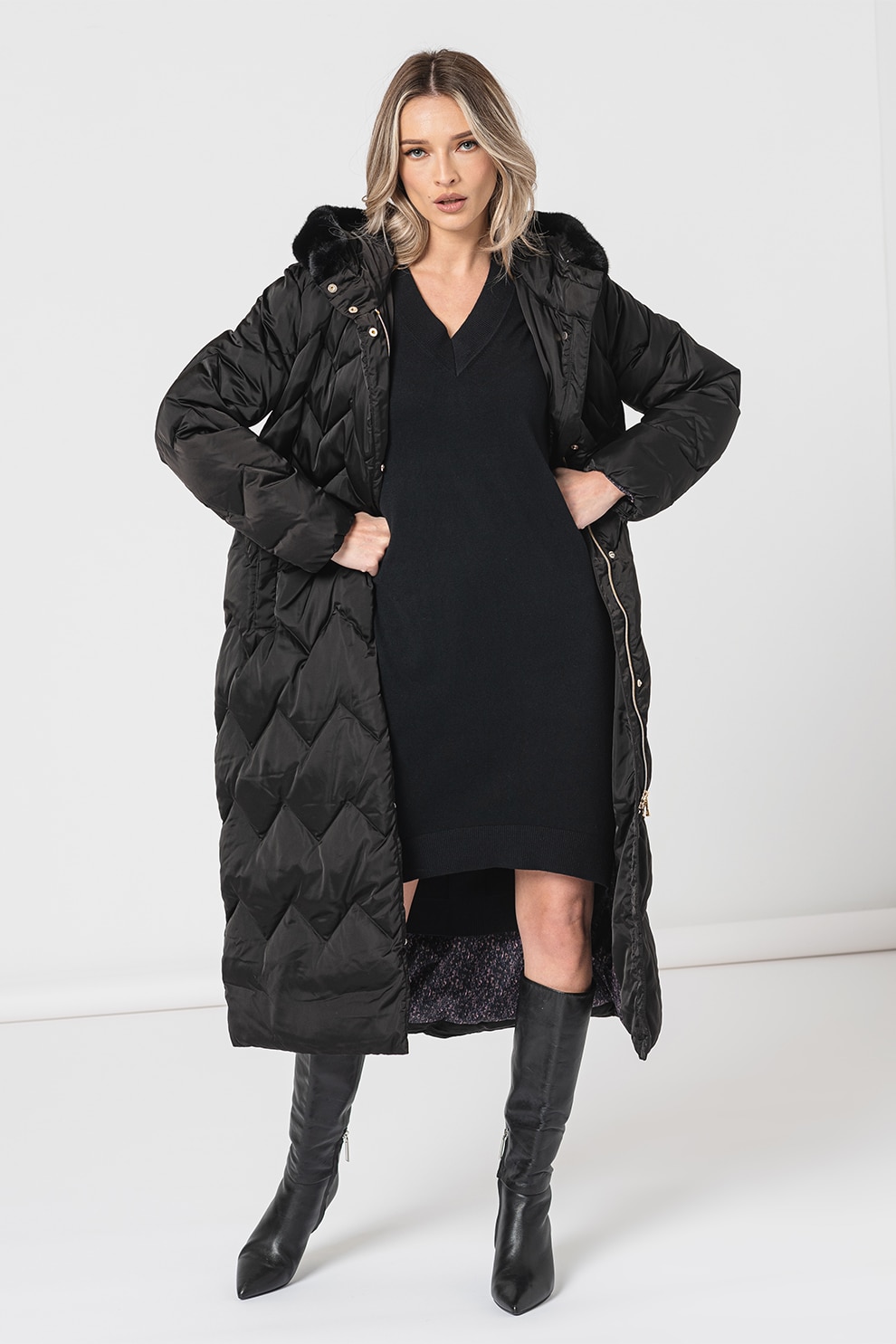 Geox, Geaca lunga cu umplutura de puf Chloo, Negru, 48 - eMAG.ro