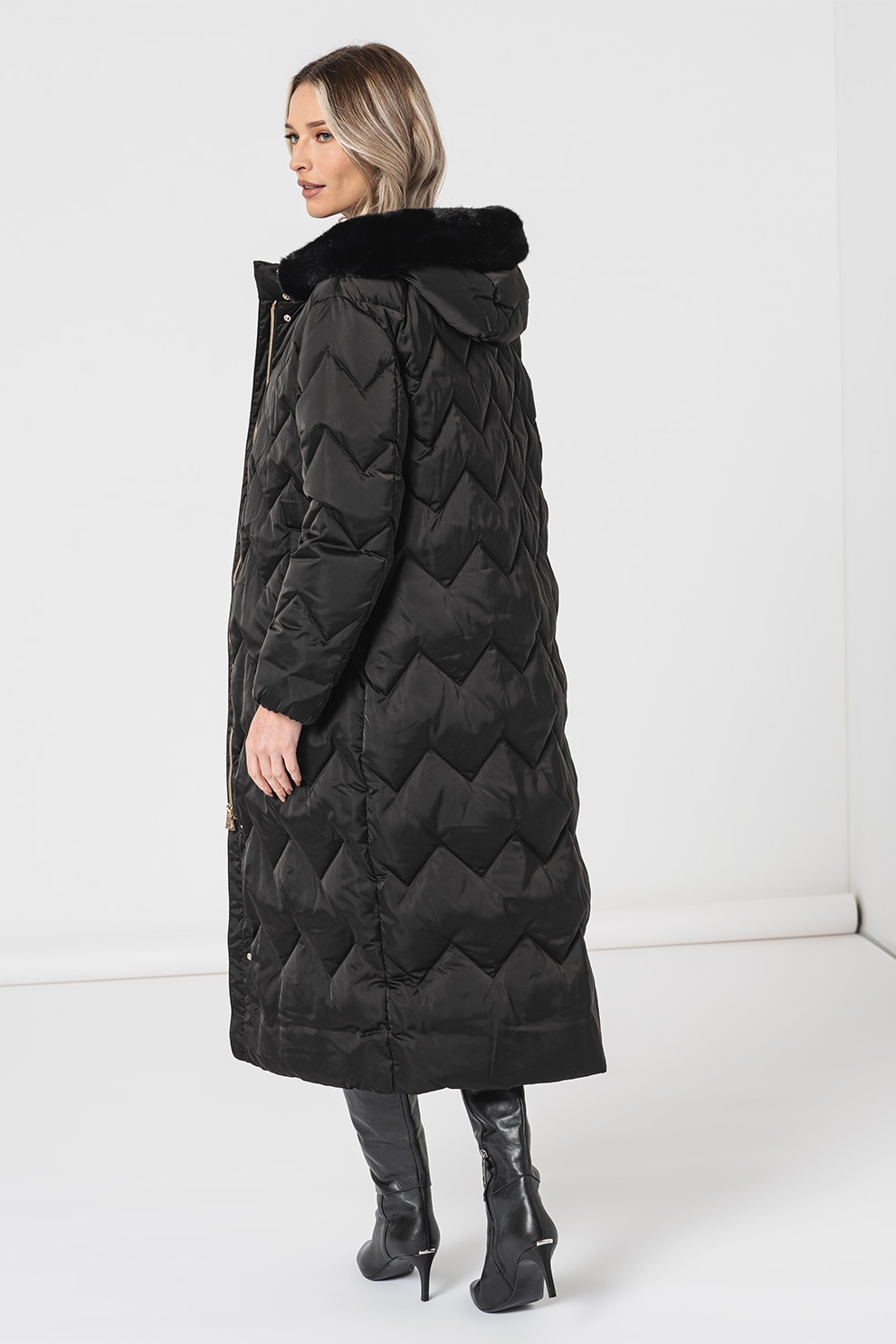 Geox, Geaca lunga cu umplutura de puf Chloo, Negru, 48 - eMAG.ro