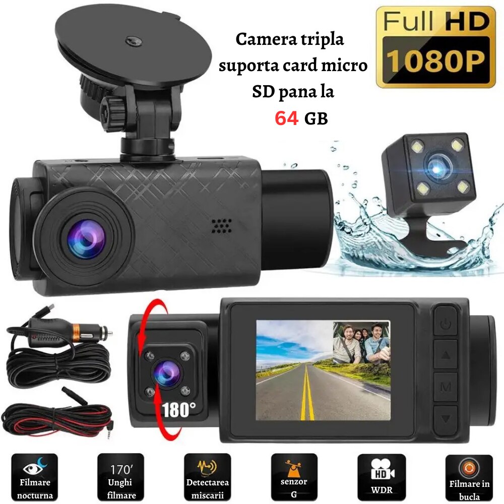 Camera Auto Tripla, Full HD, Rezolutie1080p, Unghi Filmare 170°, Night ...