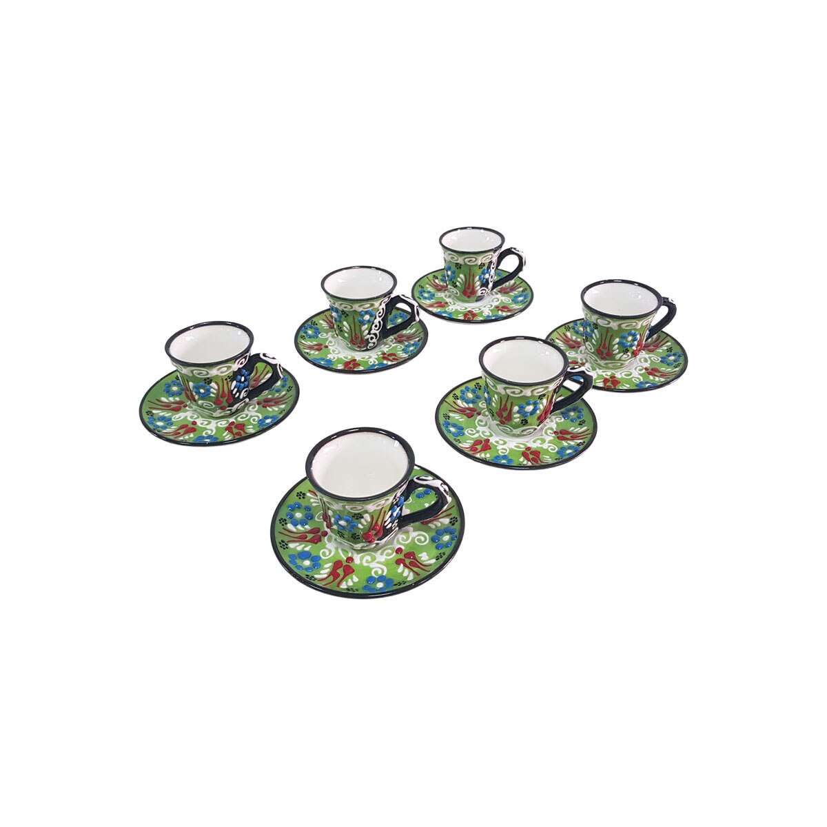 Set cafea turceasca ceramica, pictat manual, 12 piese, 360 ml, verde cu ...