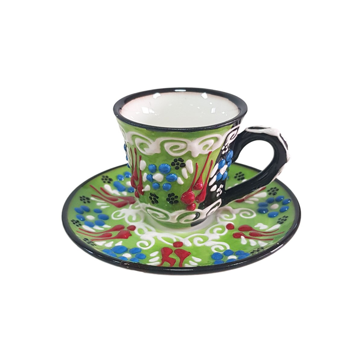 Set cafea turceasca ceramica, pictat manual, 12 piese, 360 ml, verde cu ...