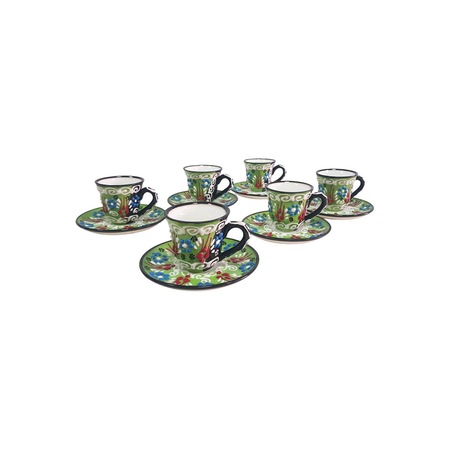 Set cafea turceasca ceramica, pictat manual, 12 piese, 360 ml, verde cu ...
