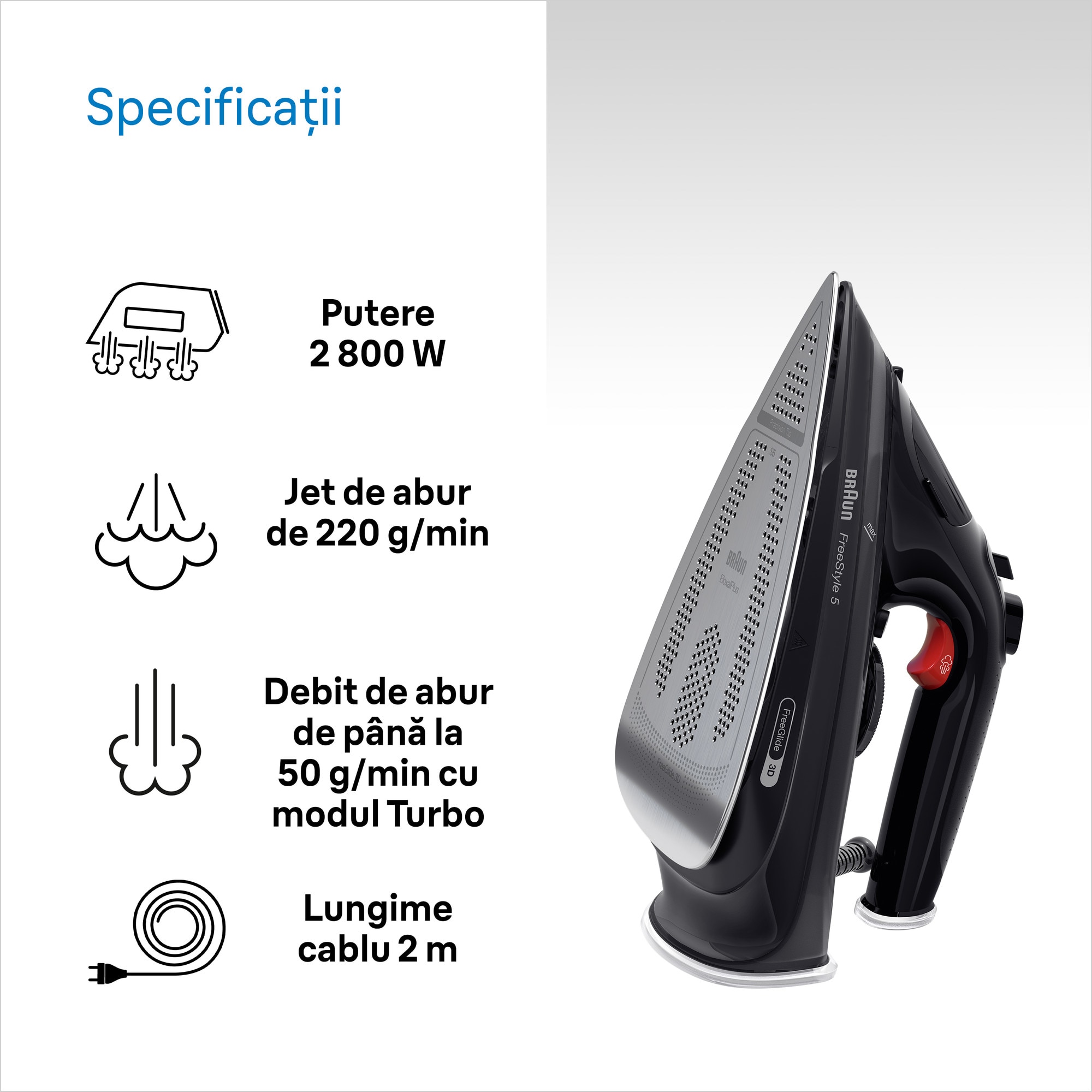 Fier de calcat Braun FreeStyle 5 SI5088BK, 2800W, jet de abur 220g/min ...