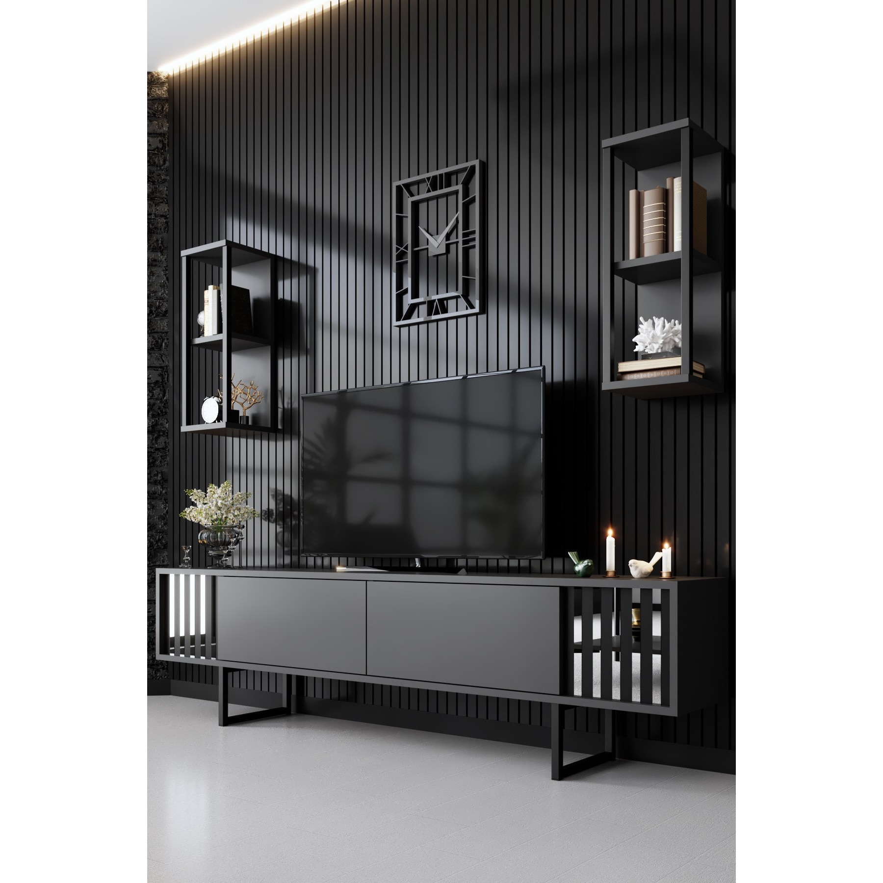 Set de mobilier pentru living, Chrome, Antracit-Negru, 180 x 48 x 30 cm ...