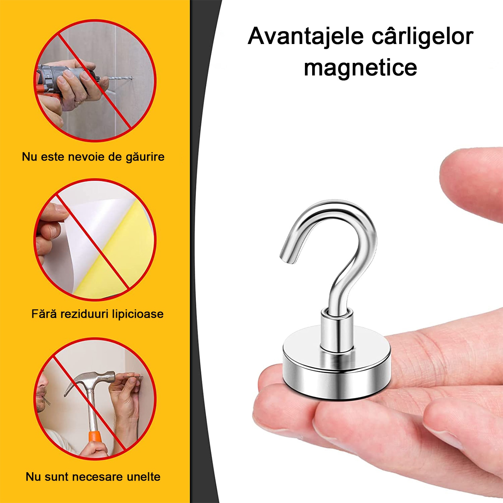 Magnet cu carlig cilindric, Set de 10 piese, 12 kg de tractiune ...