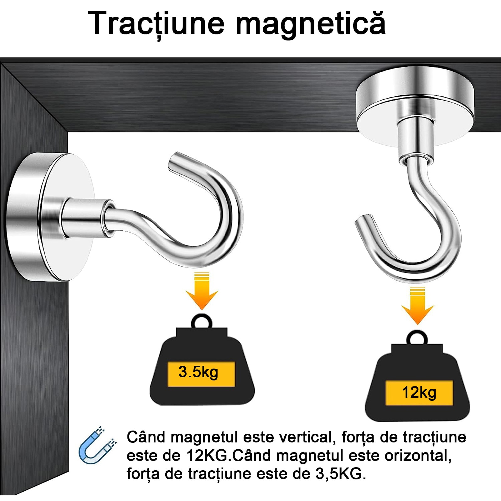 Magnet cu carlig cilindric, Set de 10 piese, 12 kg de tractiune ...