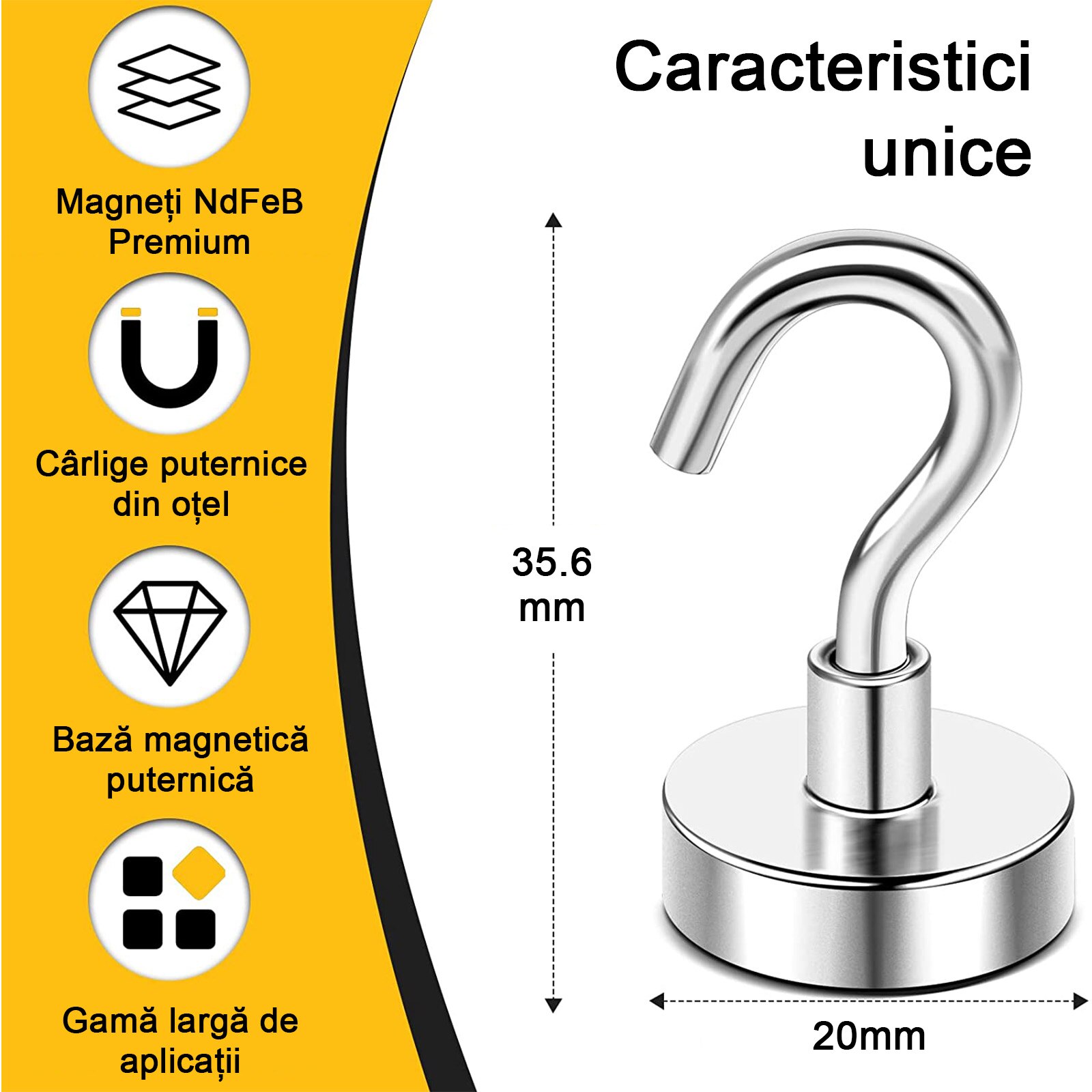 Magnet cu carlig cilindric, Set de 10 piese, 12 kg de tractiune ...