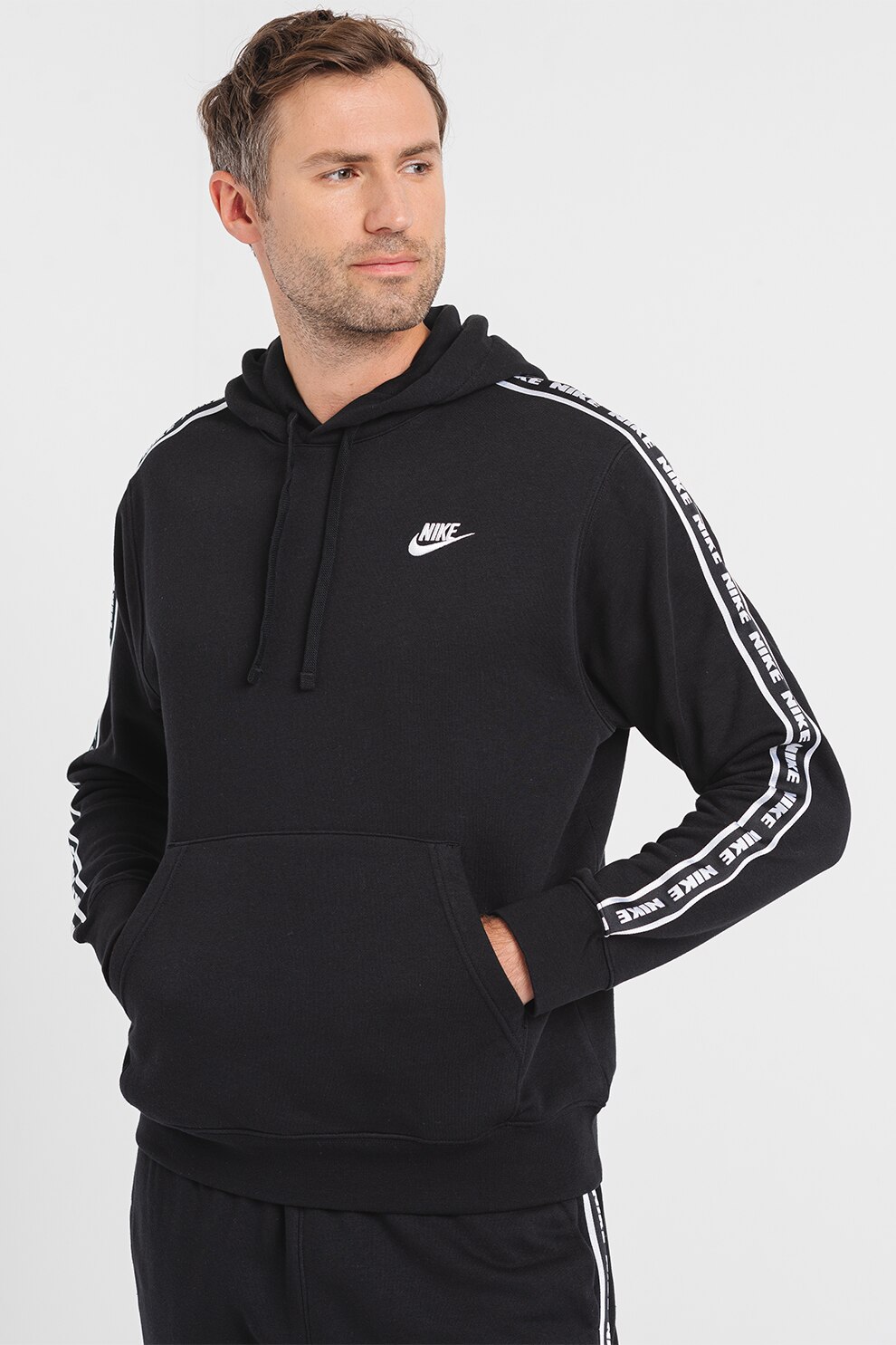 Nike, Trening cu gluga si benzi logo Club, Alb, Negru, L - eMAG.ro