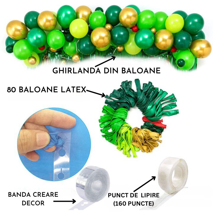 Arcada baloane dinozauri, 80 baloane latex, 7 figurine folie de ...