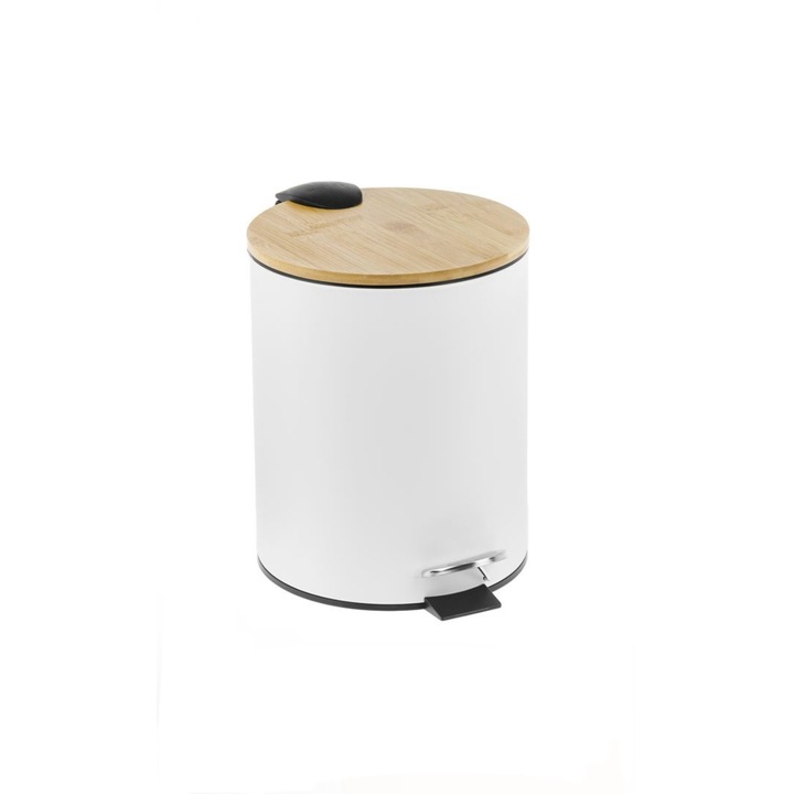 Cos de gunoi metalic, alb mat, cu pedala si capac din bambus, 5 litri ...