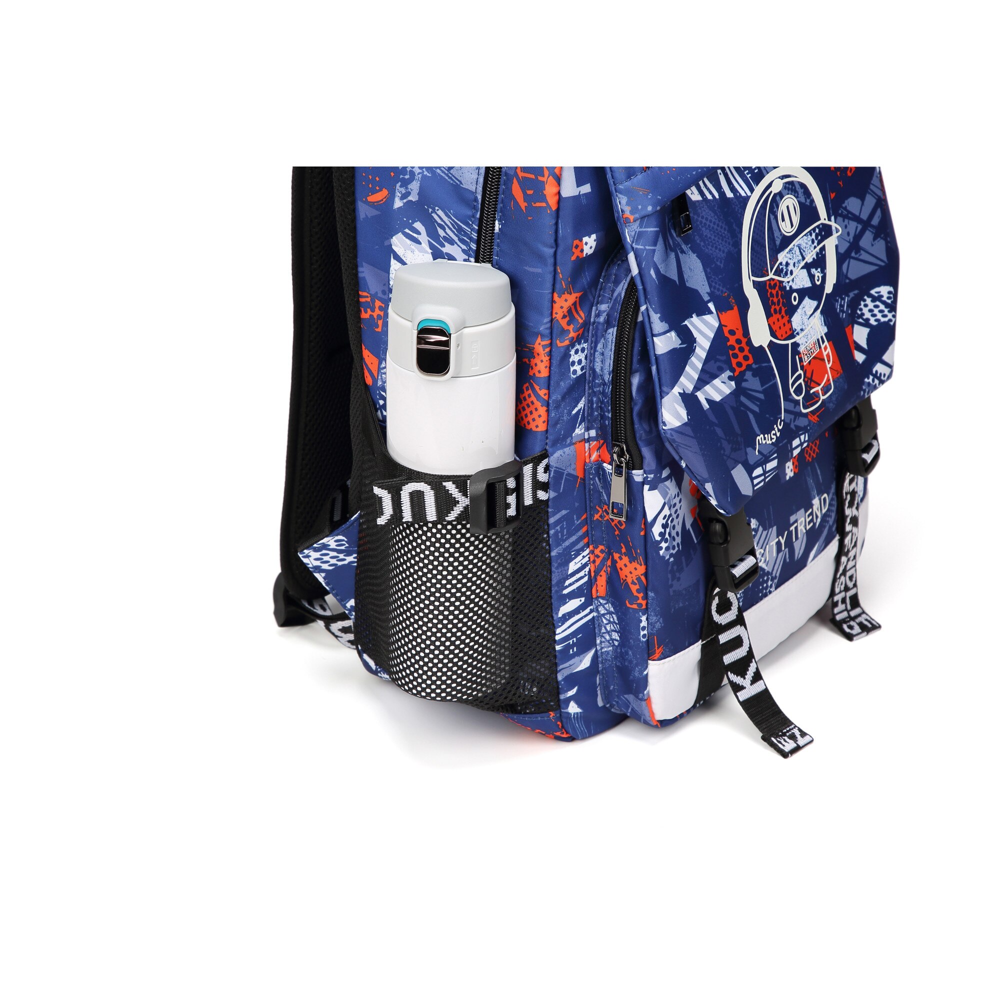 Ghiozdan smart, port USB, imprimeu fosforescent, 44x27x14 cm, Albastru ...