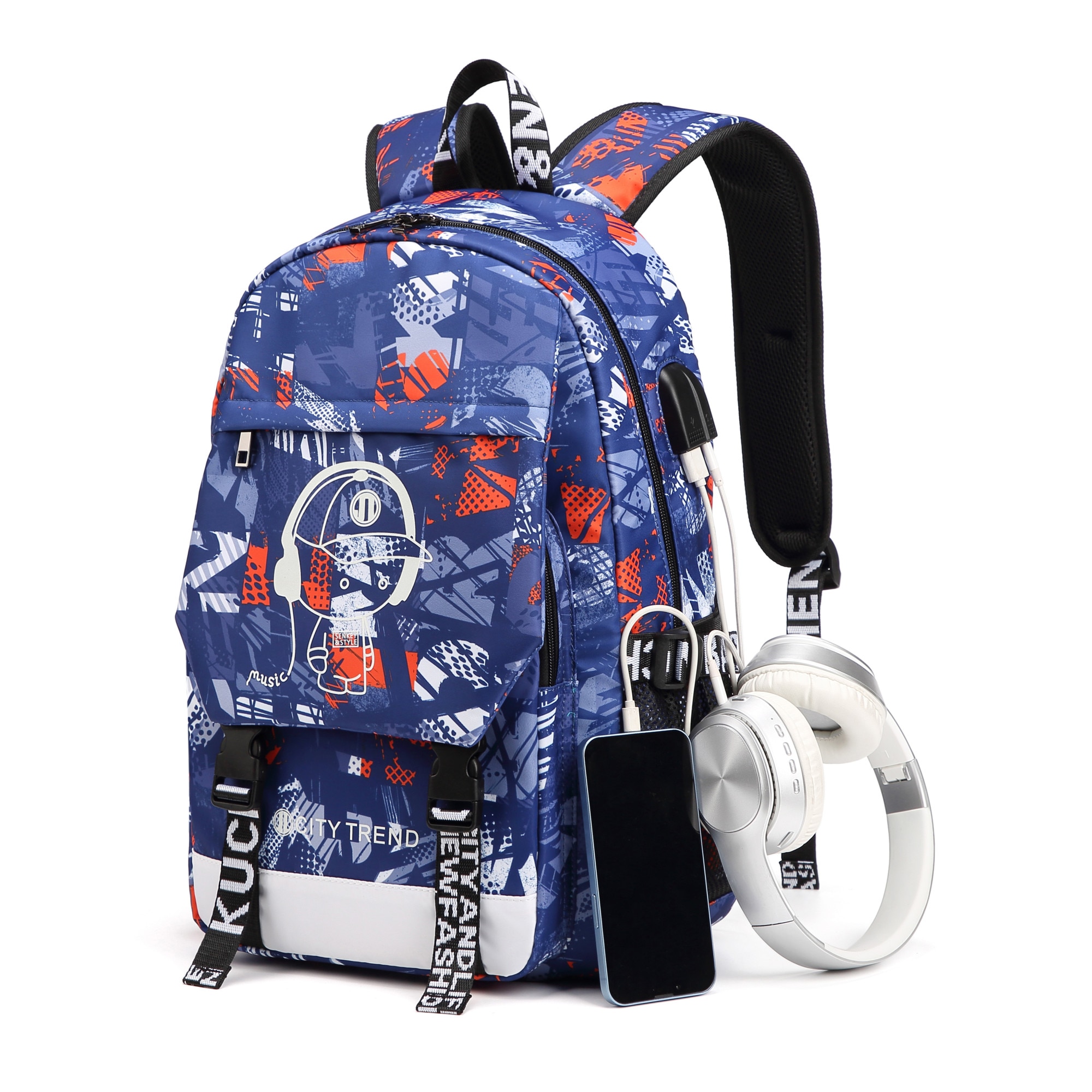 Ghiozdan smart, port USB, imprimeu fosforescent, 44x27x14 cm, Albastru ...