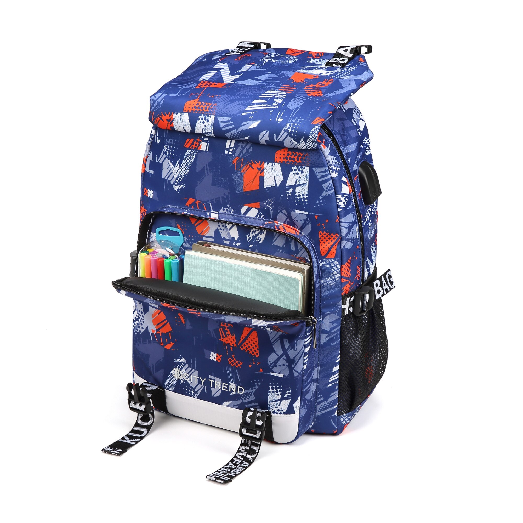 Ghiozdan smart, port USB, imprimeu fosforescent, 44x27x14 cm, Albastru ...