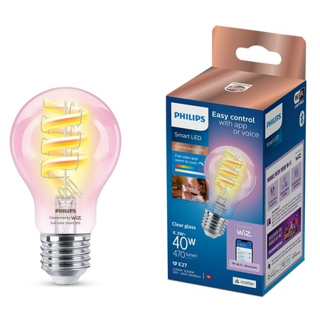 Bec LED RGB inteligent Philips Smart A60, Wi-Fi/Bluetooth, E27, 6.3W (40W), 470lm, lumina alba ...