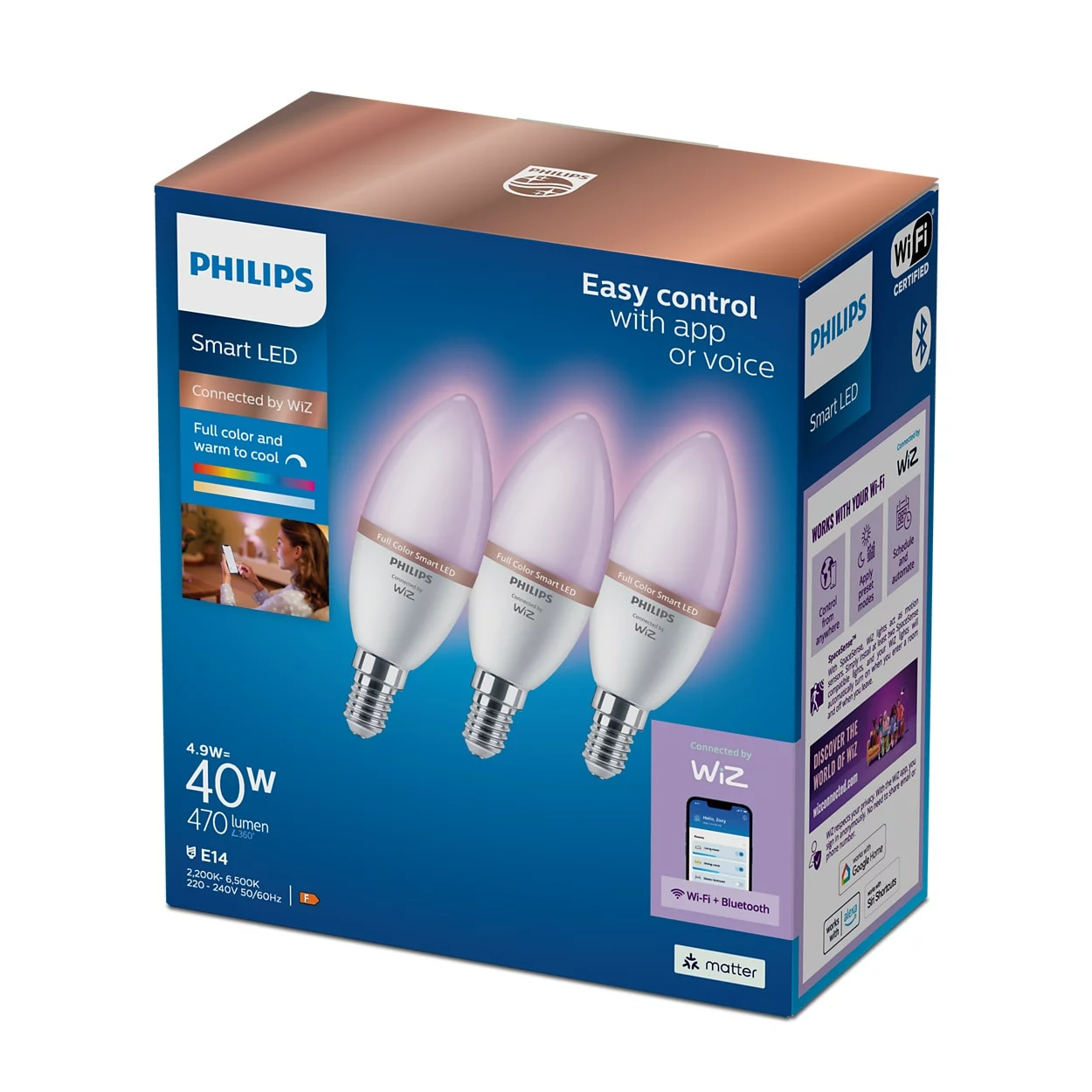 Pachet 3 becuri LED RGB inteligente Philips Smart C37, Wi-Fi/Bluetooth ...
