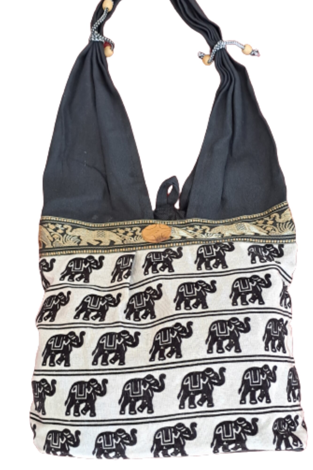 Geanta dama, de vara, din panza, model elefant aducator de noroc, Negru ...