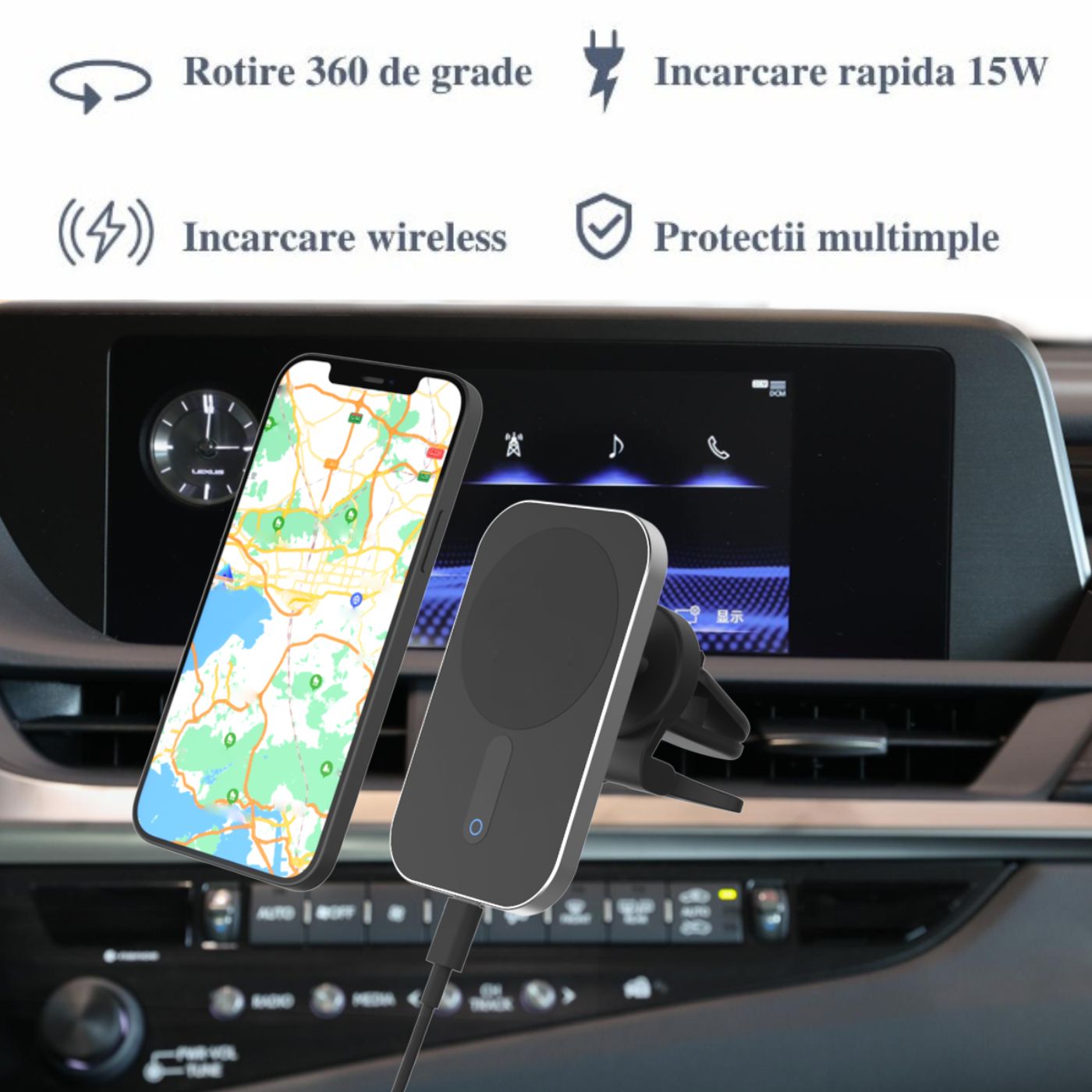Suport Incarcator Auto pentru Telefon, Wireless Fast Charge, 15W ...